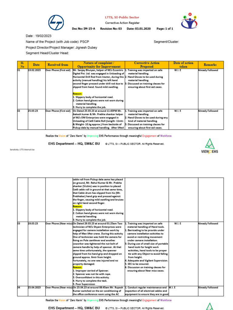 Corrective Action Register-IM-25-A | PDF