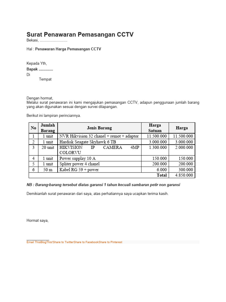 Surat Penawaran Pemasangan CCTV | PDF