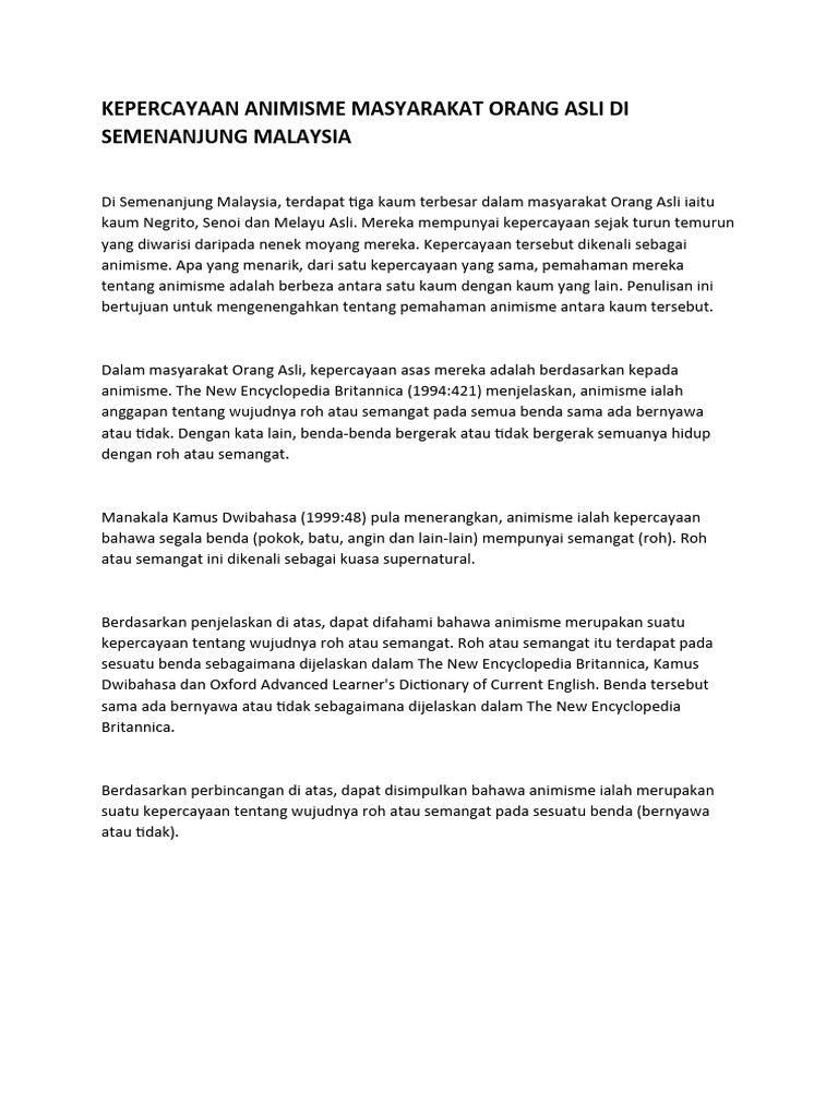 Kepercayaan Animisme Masyarakat Orang Asli Di Semenanjung Malaysia | PDF