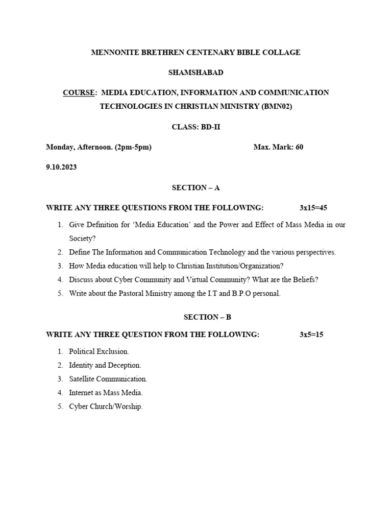 Mennonite Brethren Media Education Exam | PDF