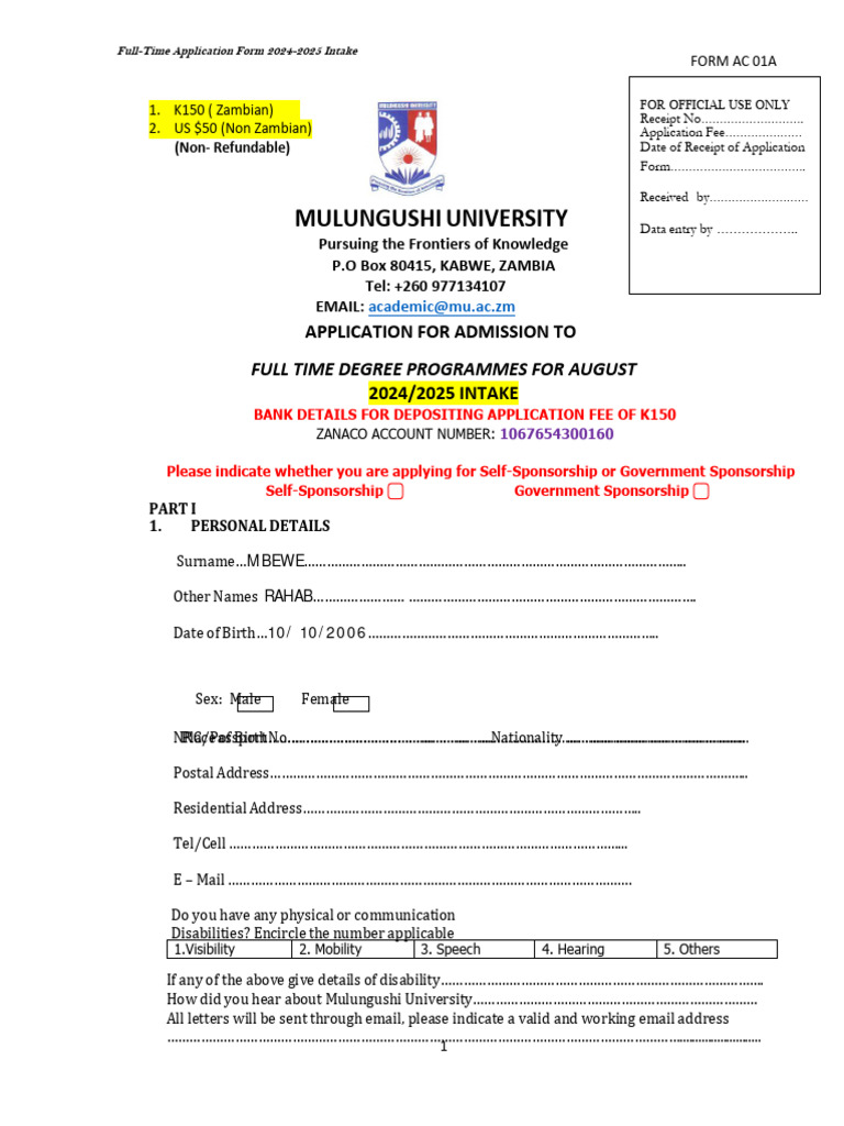 2024-2025 Fulltime Application Form | PDF | Bachelor's Degree ...