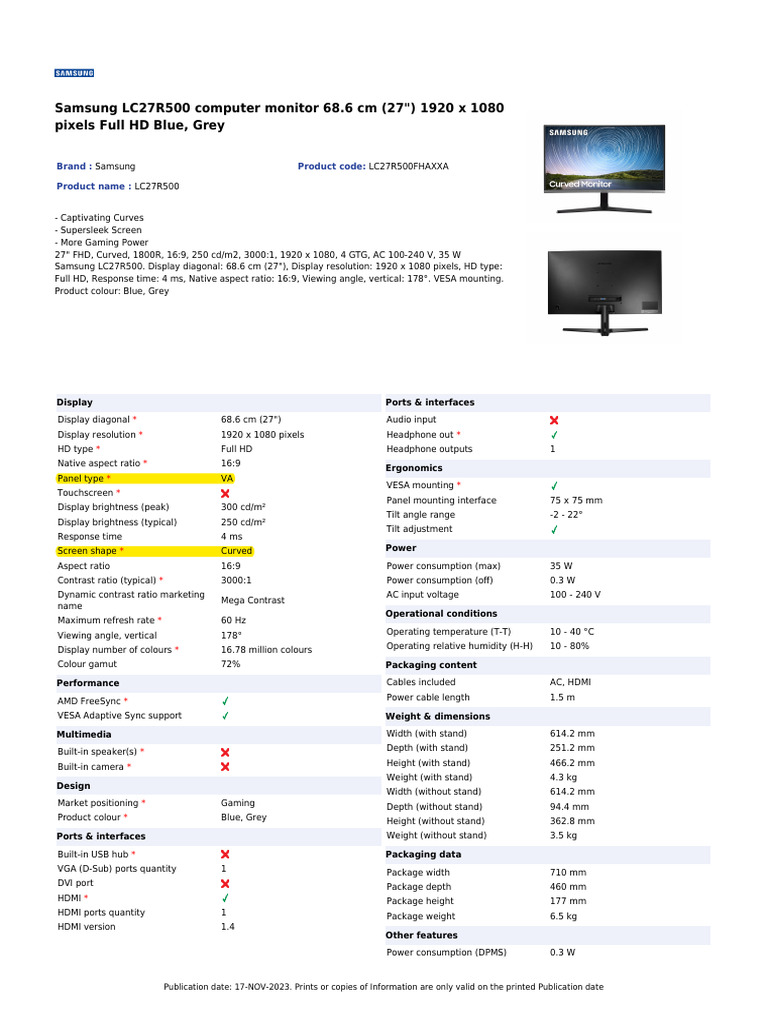 Samsung LC27R500 Datasheet | PDF | Computer Monitor | Hdmi