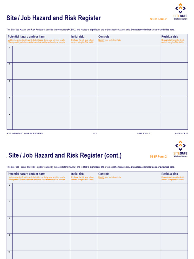 SSSP Form 2 - Site or Job Hazard and Risk Register | PDF
