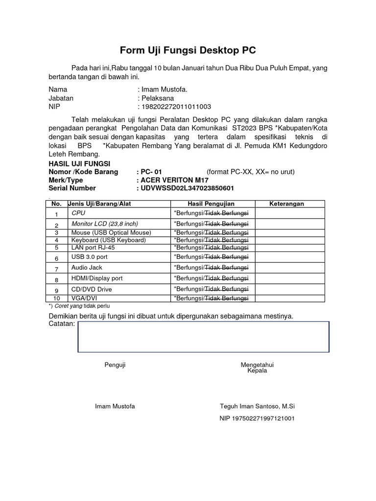 Form Uji Fungsi PC | PDF