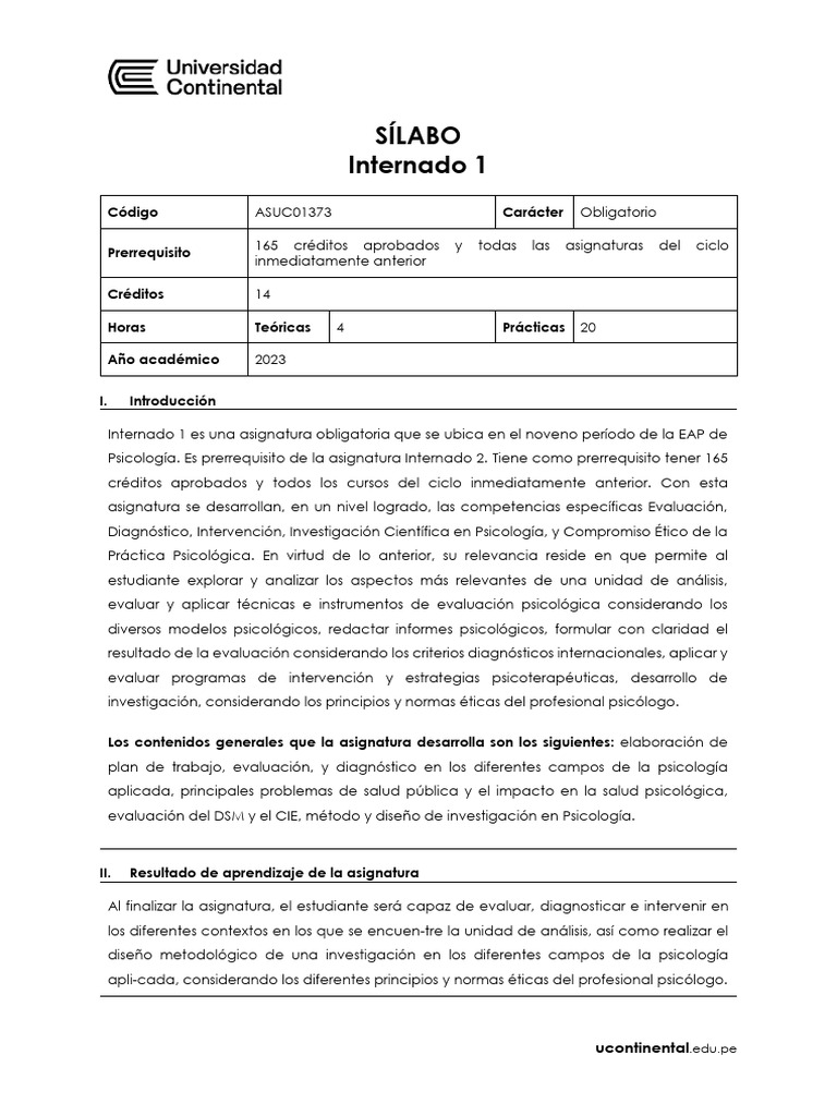 SÍLABO - Internado 1 | PDF | Sicología | Evaluación
