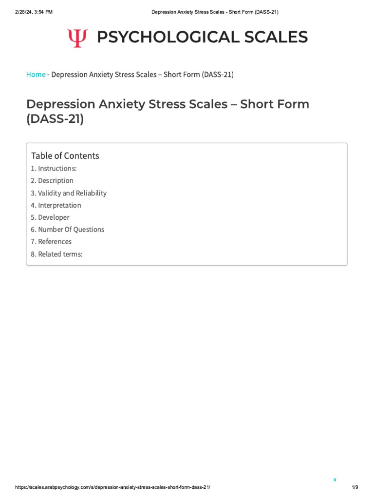 Depression Anxiety Stress Scales - Short Form (DASS-21) | PDF