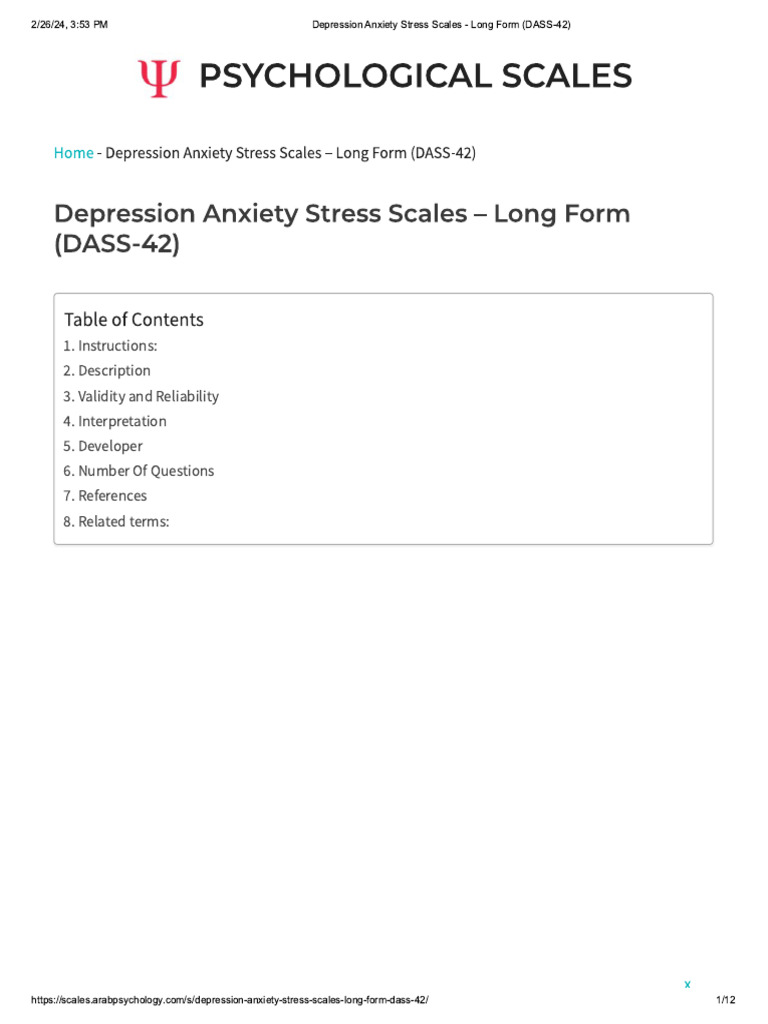 Depression Anxiety Stress Scales - Long Form (DASS-42) | PDF