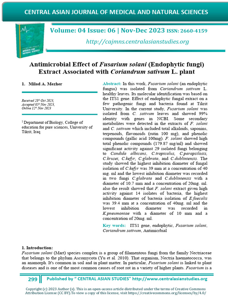 Antimicrobial Effect of Fusarium Solani (Endophytic Fungi) Extract Associated With Coriandrum ...