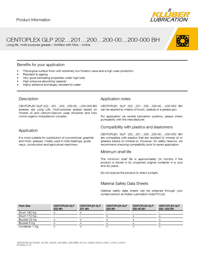 Kluber Centoplex GLP 200 000 BH Lubrication Grease | Download Free PDF ...