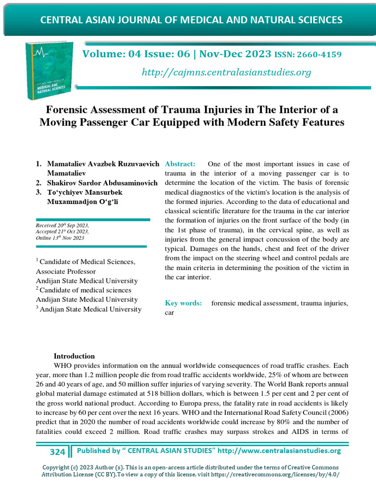 Forensic Assessment of Trauma Injuries in The Interior of A Moving ...