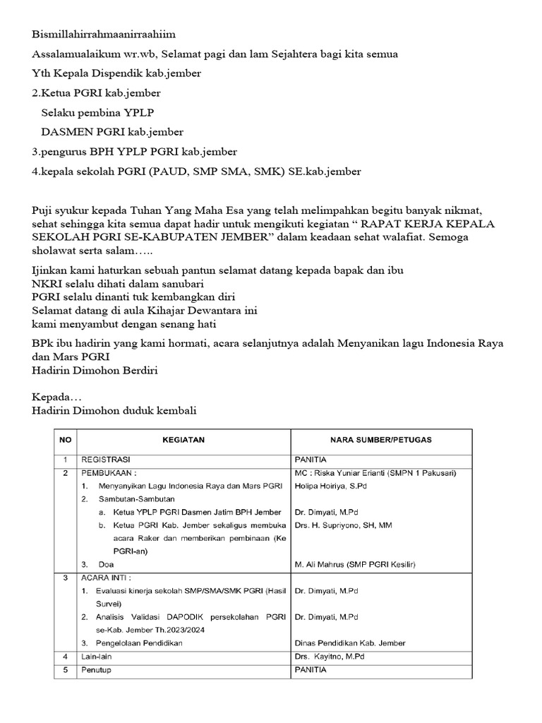 Teks MC Rapat PGRI Jember | PDF