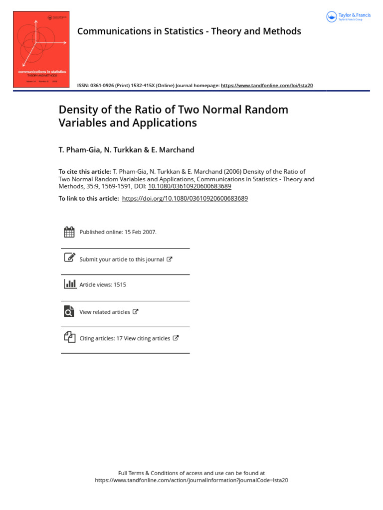 Density of The Ratio of Two Normal Random Variables and Applications | PDF | Probability Density ...