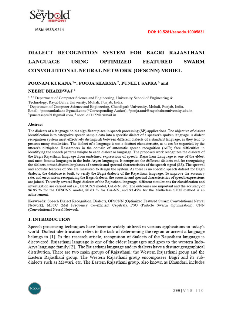 Dialect Recognition System For Bagri Rajasthani Language Using Optimized Featured Swarm ...