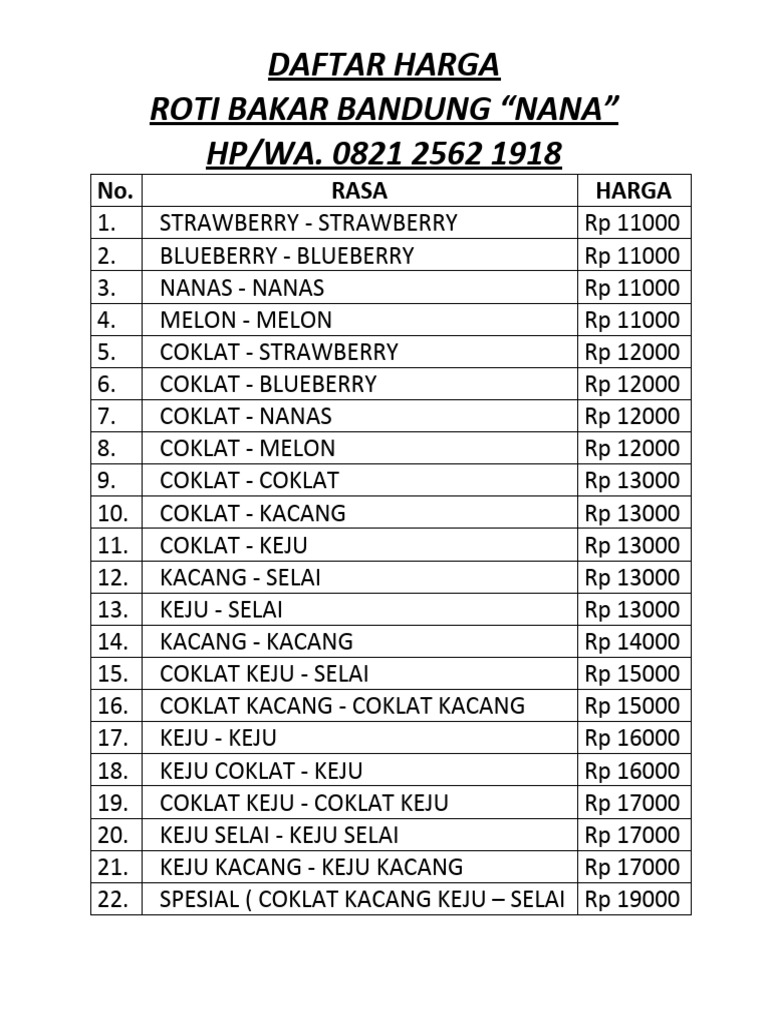 Daftar Harga Roti Bakar | PDF
