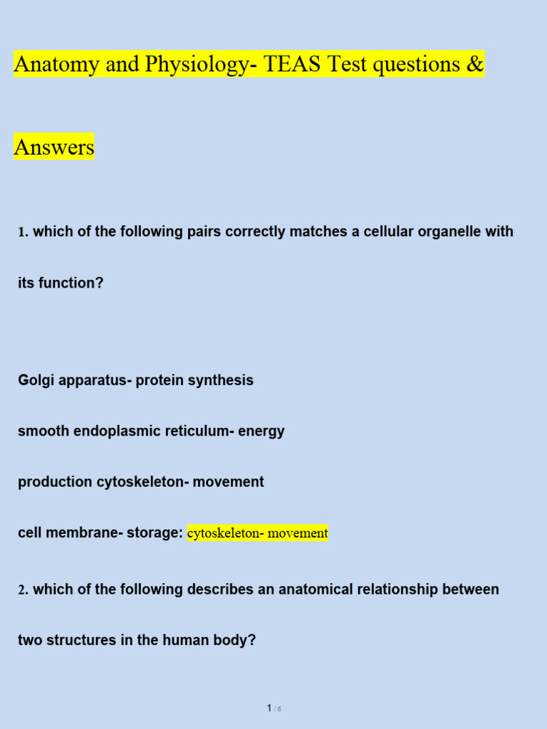 Anatomy and Physiology - TEAS Test Questions | PDF
