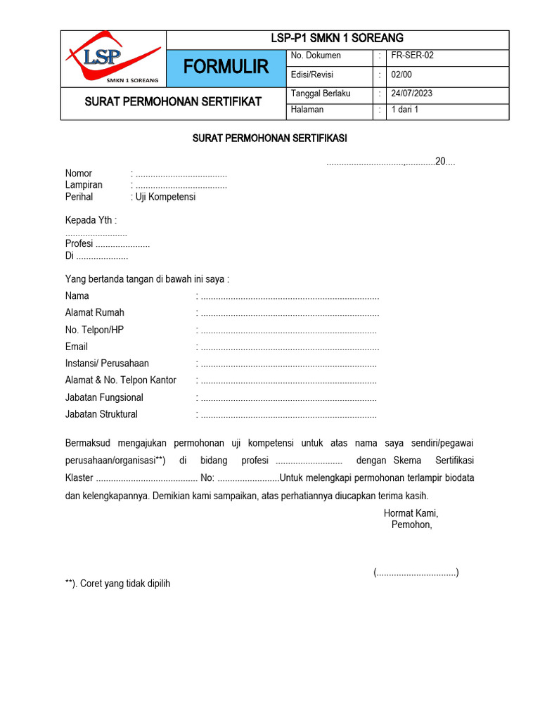 Fr-Ser-02 Surat Permohonan Sertifikat | PDF
