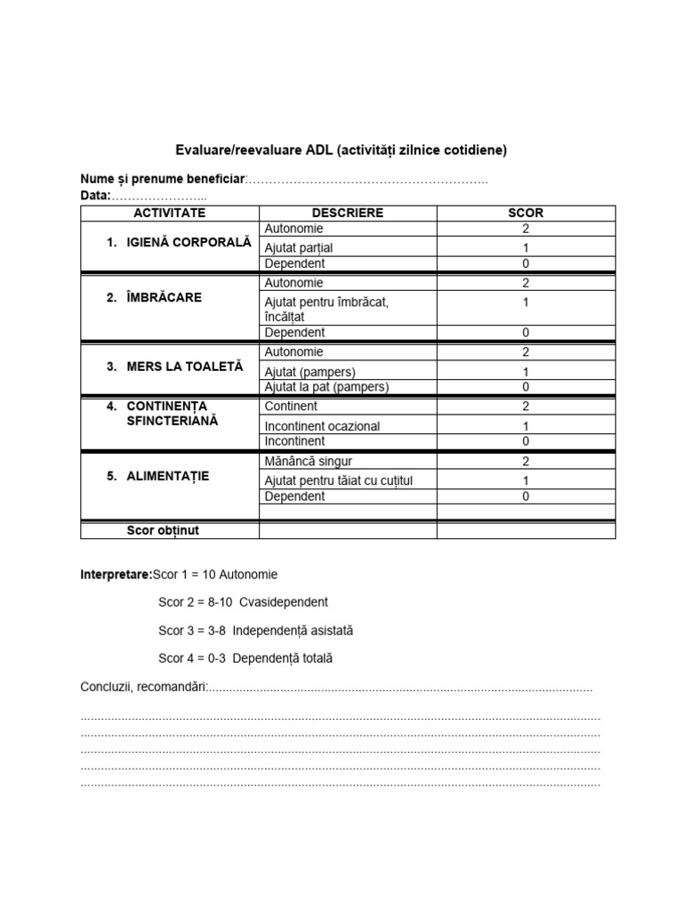Evaluare-Scala de Incapacitate Barthel - ADL Activities of Daily Living | PDF