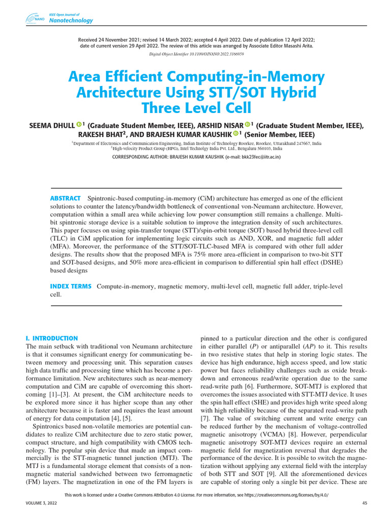 Area Efficient Computing In Memory Architecture Using Stt Sot Hybrid Three Level Cell Download