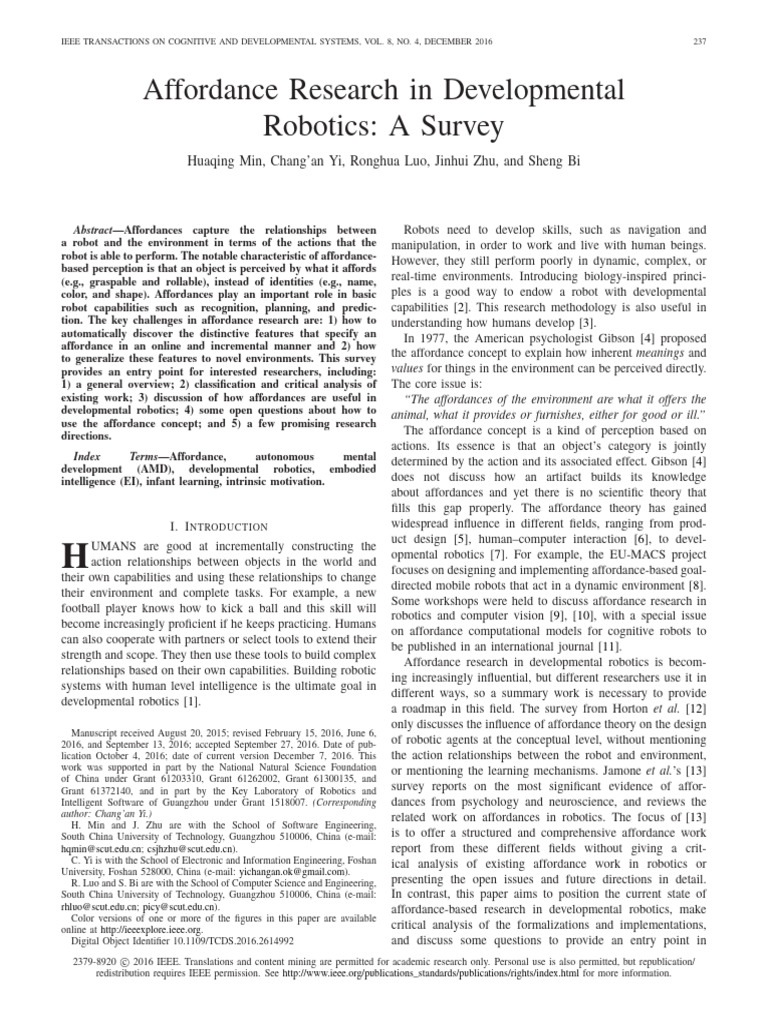 Affordance Research in Developmental Robotics A Survey | PDF | Robotics | Perception