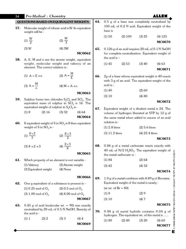 Equivalent Weight Questions | PDF | Chemical Substances | Mole (Unit)