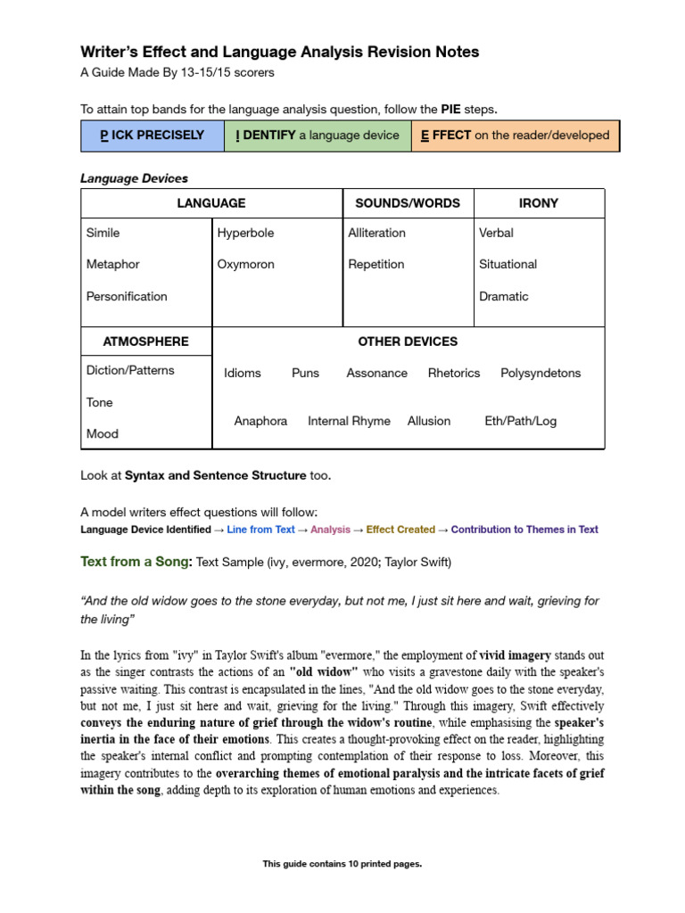 Writer's Effect and Language Analysis Handout | PDF | The Great Gatsby ...