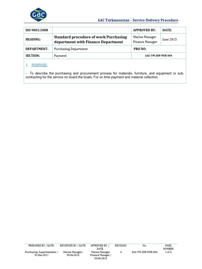 GAC-TM-SDP-PUR-004 - Working Process of Purchasing With Finance Department | PDF | Invoice ...