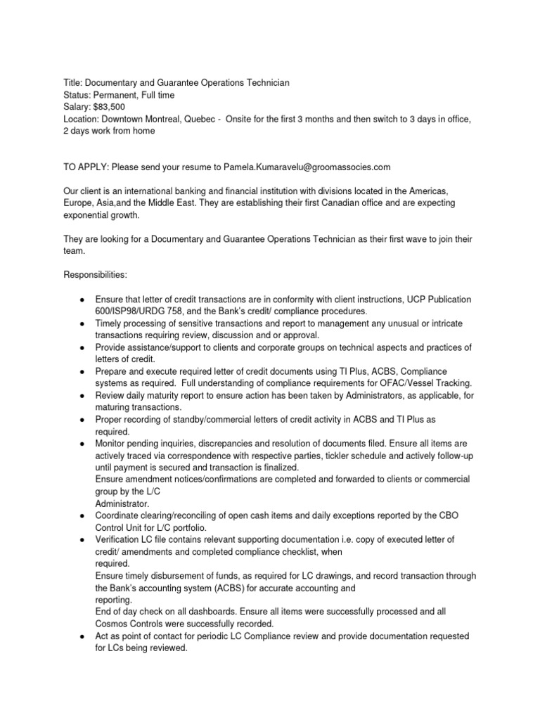 Documentary Operations Technician Job | PDF | Letter Of Credit ...