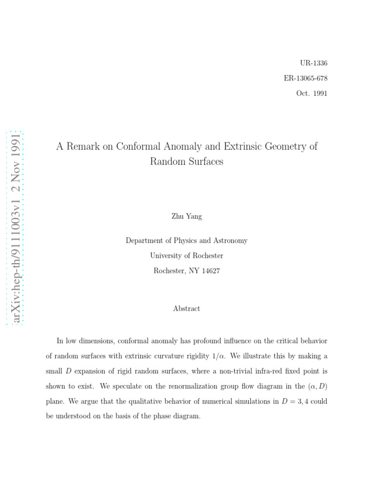 A Remark On Conformal Anomaly And Extrinsic Geometry Of Random Surfaces Pdf Theoretical