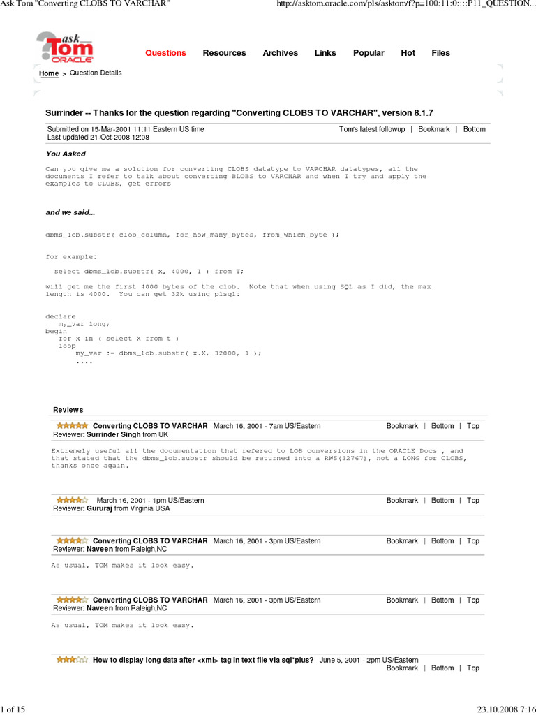 Convert CLOB to VARCHAR in Oracle SQL | PDF | Pl/Sql | Computer Science
