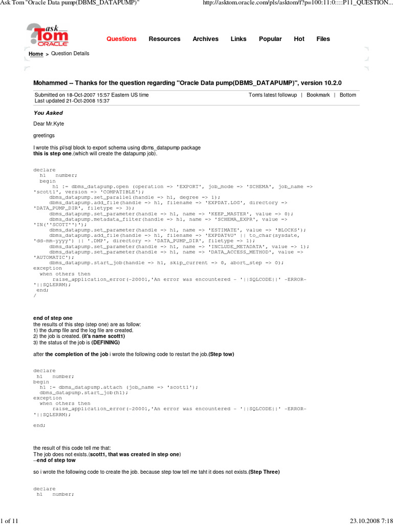 Oracle Data Pump (DBMS - DATAPUMP) | PDF