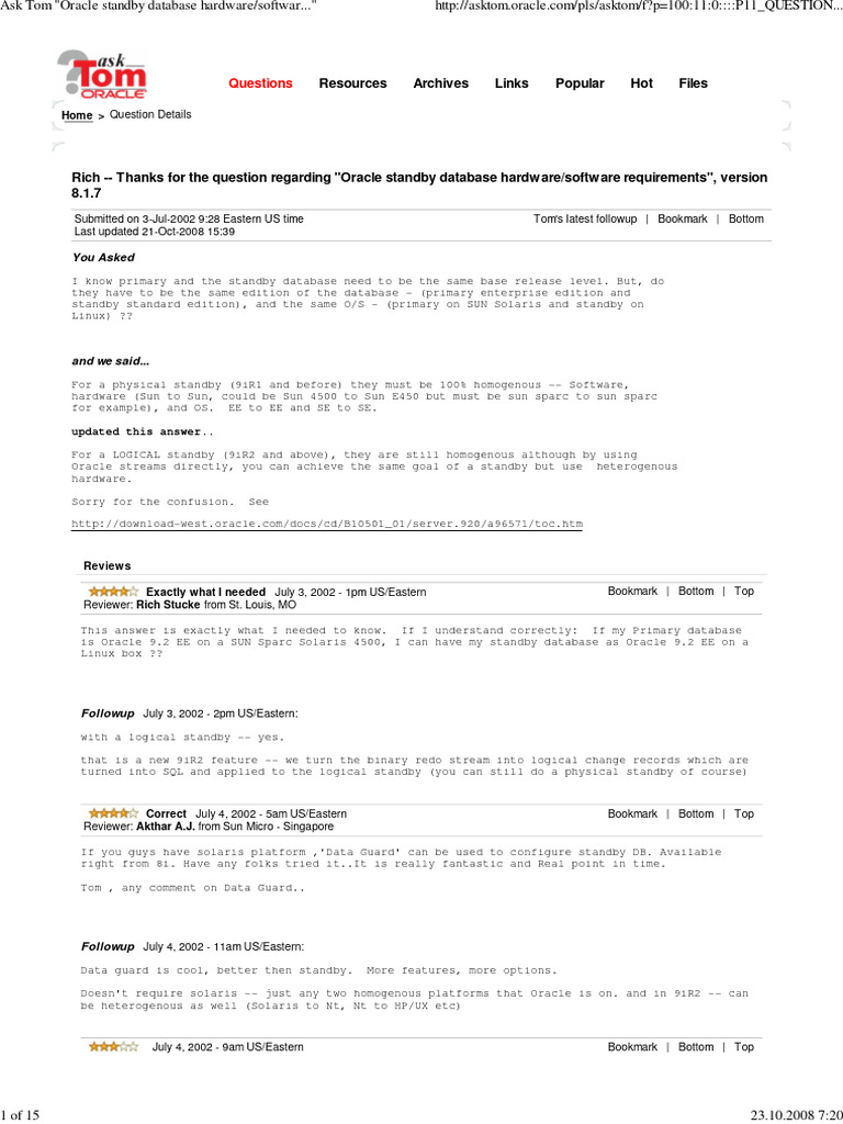 Oracle Standby Database Hardware-Software Requirements | PDF | Databases | Computer Engineering