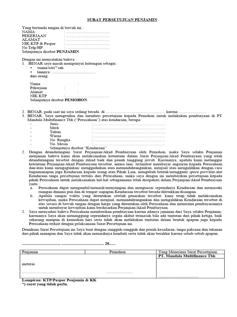 Format Surat Pernyataan & Persetujuan Penjamin | PDF