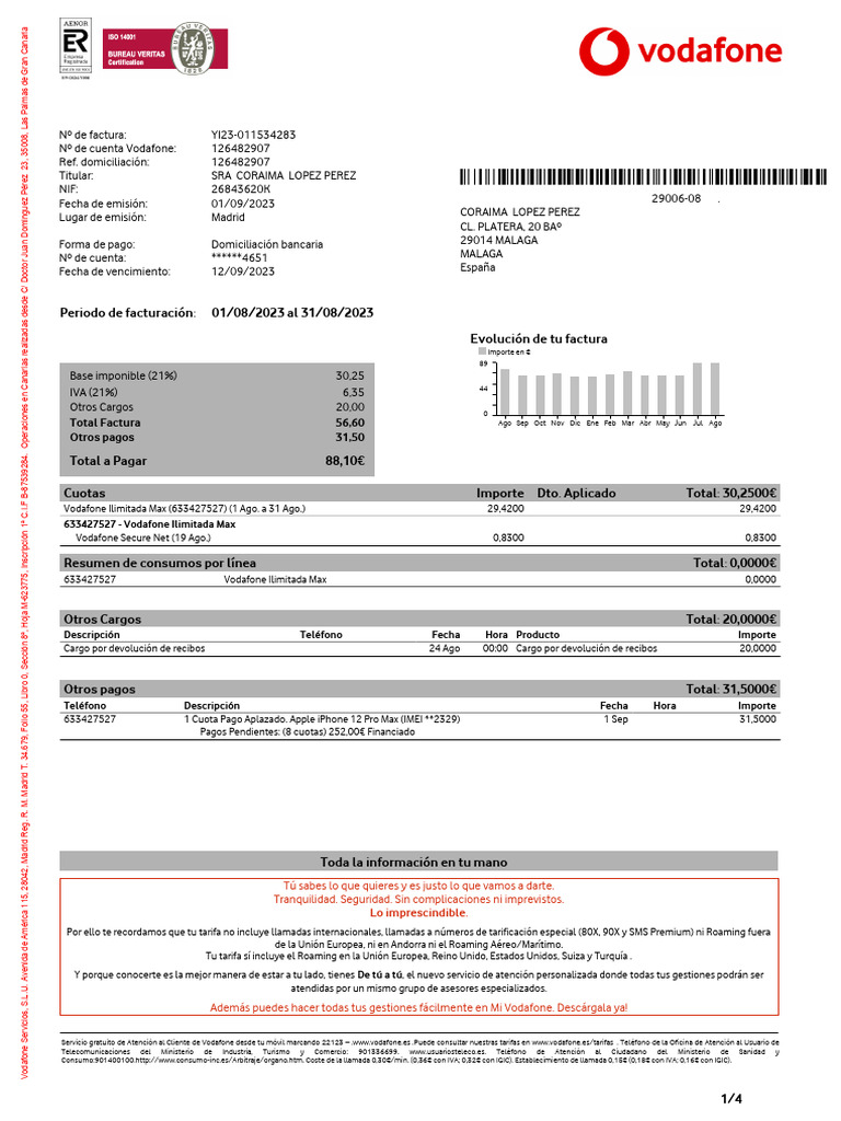 Factura Vodafone | PDF | Itinerancia | Teléfonos móviles