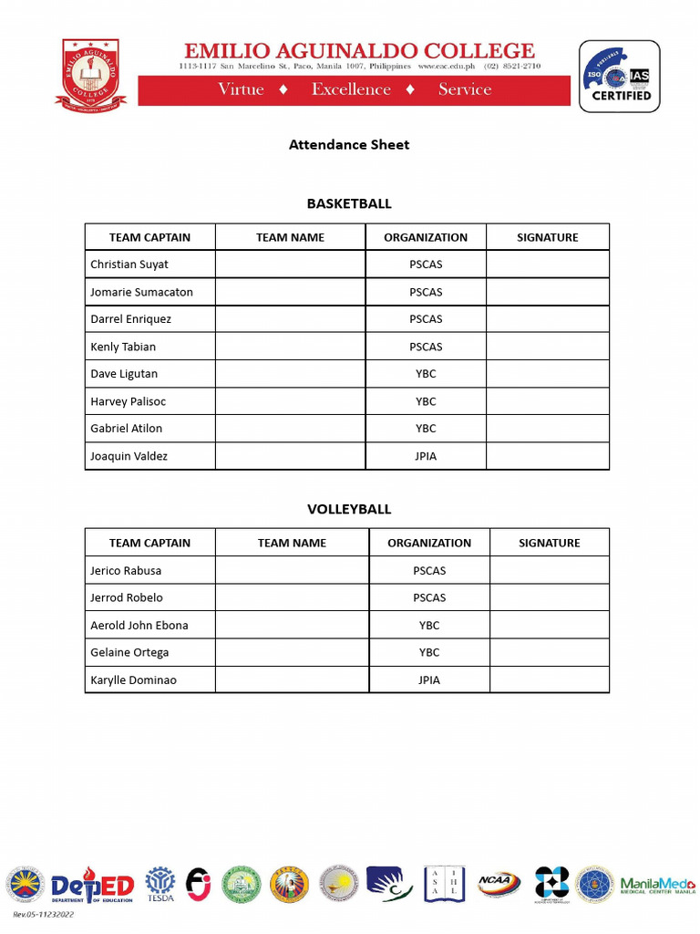 Team Attendance Sheet for Sports Events | PDF