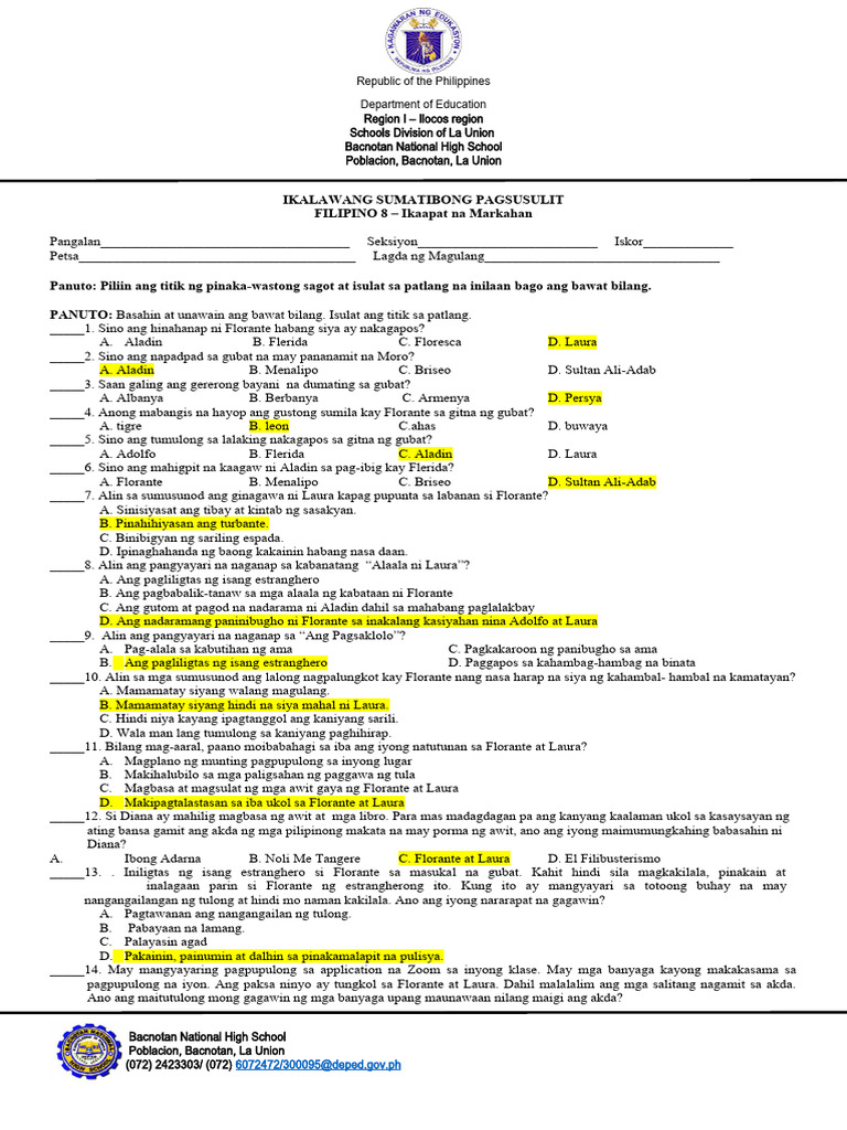 G8 Summative Test 2 M3 4 With Key Answer | PDF