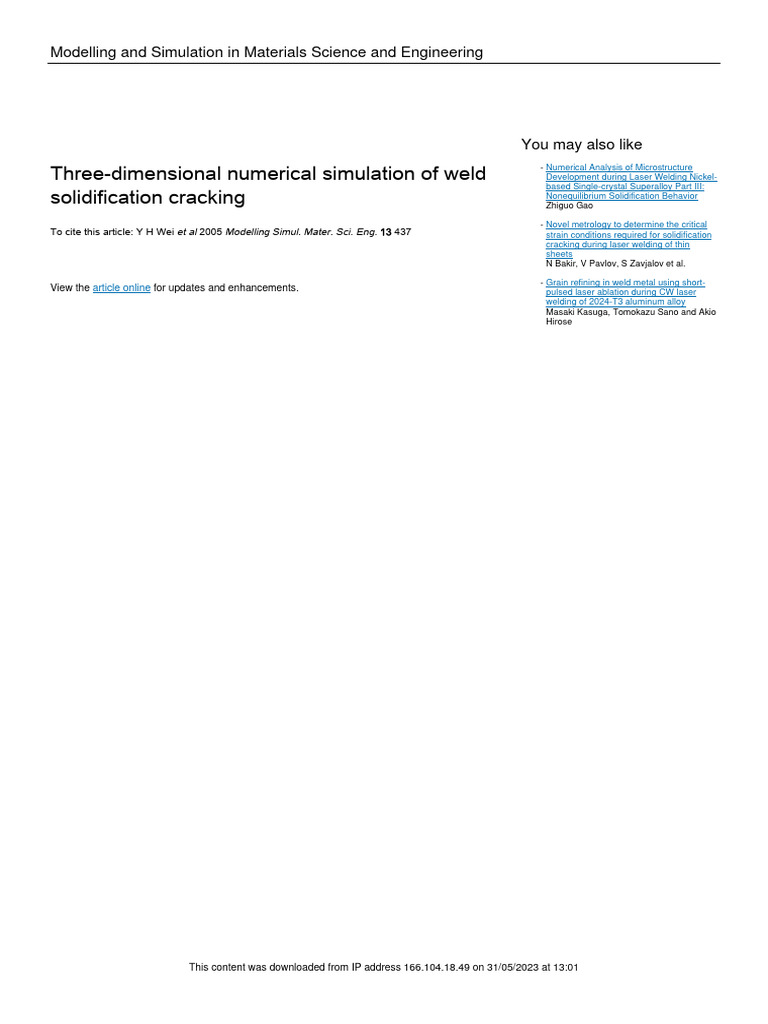 Three-Dimensional Numerical Simulation of Weld Solidification Cracking | PDF | Deformation ...