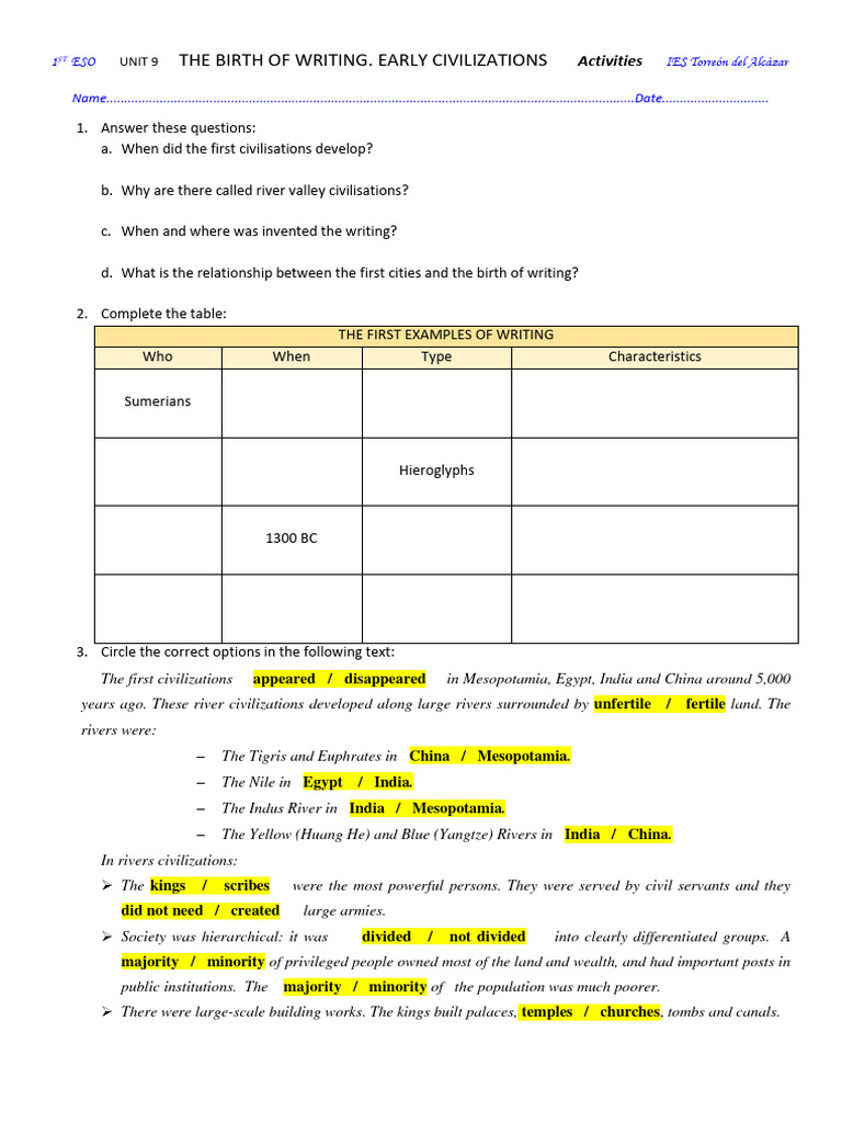 UNIT 9 EARLY CIVILIZATIONS Activities | PDF | Mesopotamia | Ancient Egypt