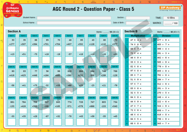 Sip Arithmetic Genius Contest Agc 2023 Round 2 Sample Question Paper 5