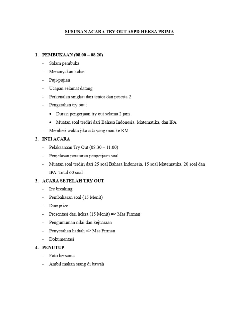 Susunan Acara Try Out Aspd Heksa Prima | PDF