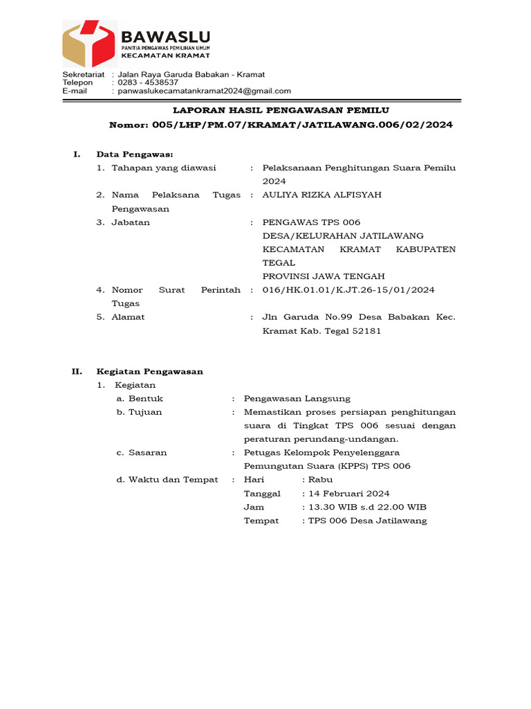 Laporan Hasil Pengawasan Pemilu - Pelaksanaan Perhitungan Tps 006 | PDF