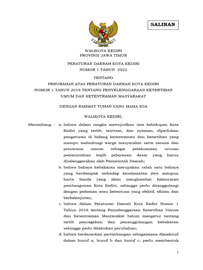 PERDA 1 Perubahan Perda Ketertiban Umum NOREG | PDF
