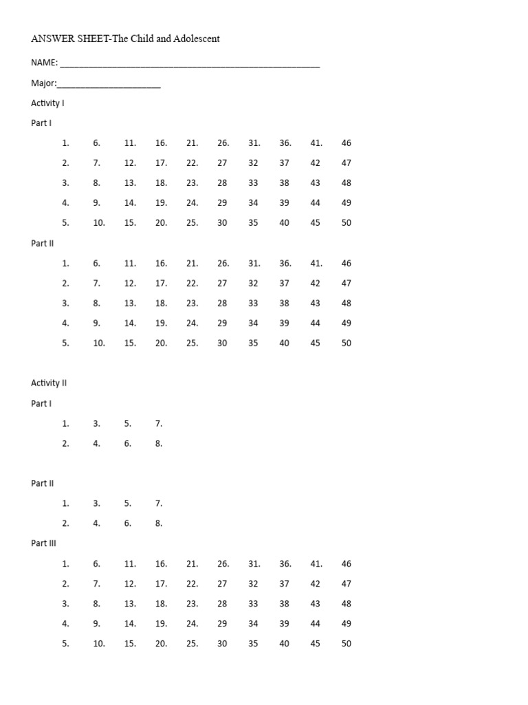 ANSWER SHEET The Child and Adolescent | PDF