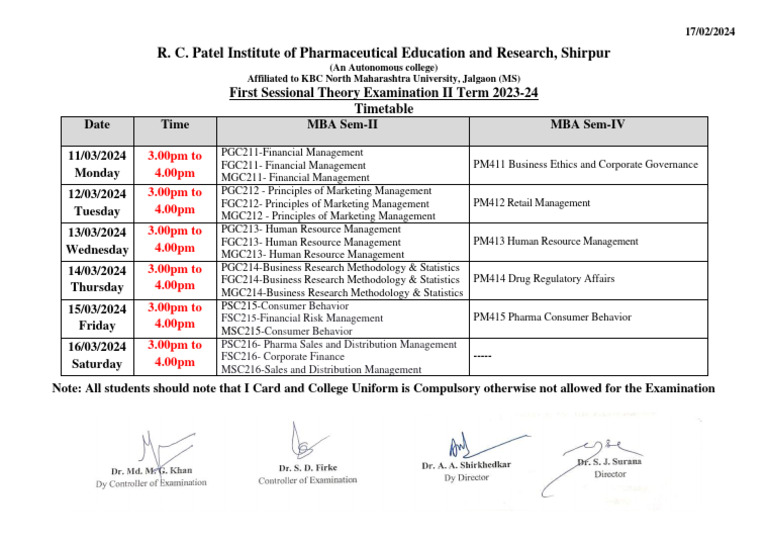 MBA Exam Timetable 2024 - RCPIPER | PDF