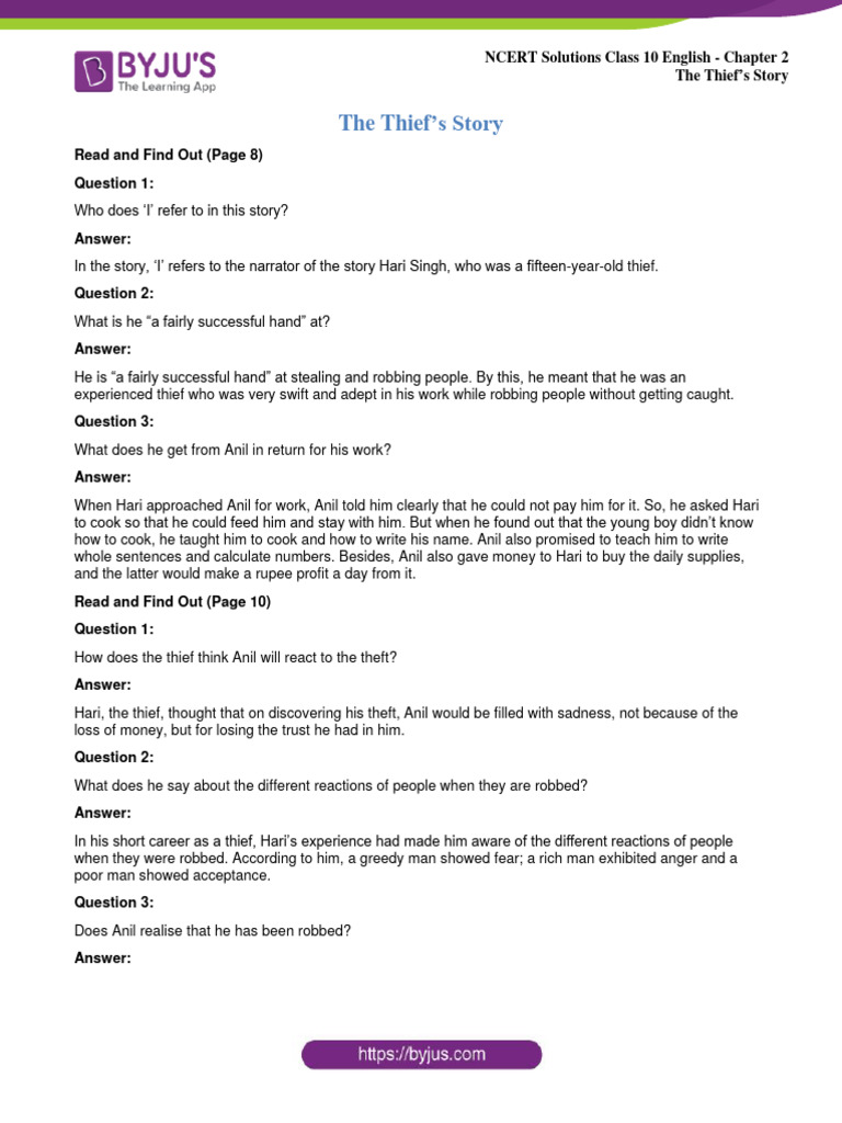 NCERT Solutions For Class 10 English Supplementary Chapter 2 The Thiefs ...