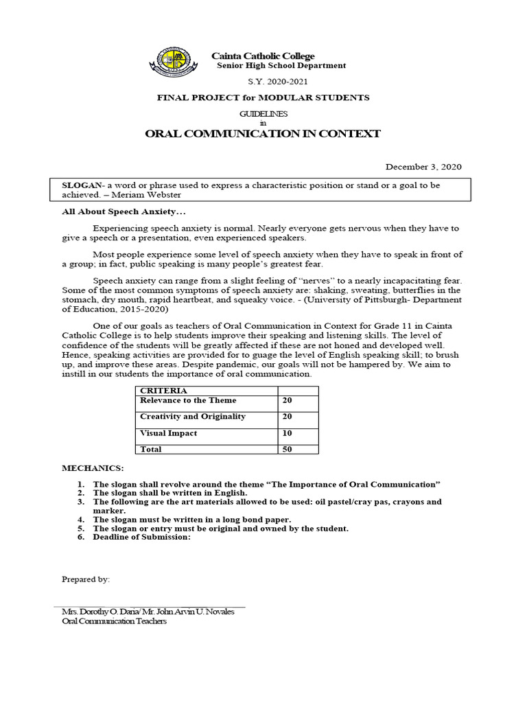 FINAL PROJECT in Oral Communication For Modulars | PDF | Communication ...