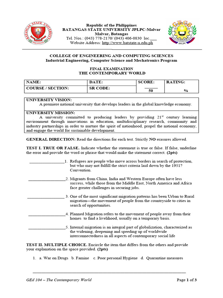 Contemporary World Exam Guide | PDF | Human Migration | Immigration