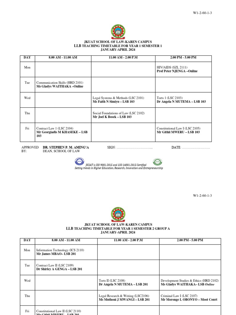JKUAT Law School Timetable 2024 | PDF | Ethical Principles | Public Sphere