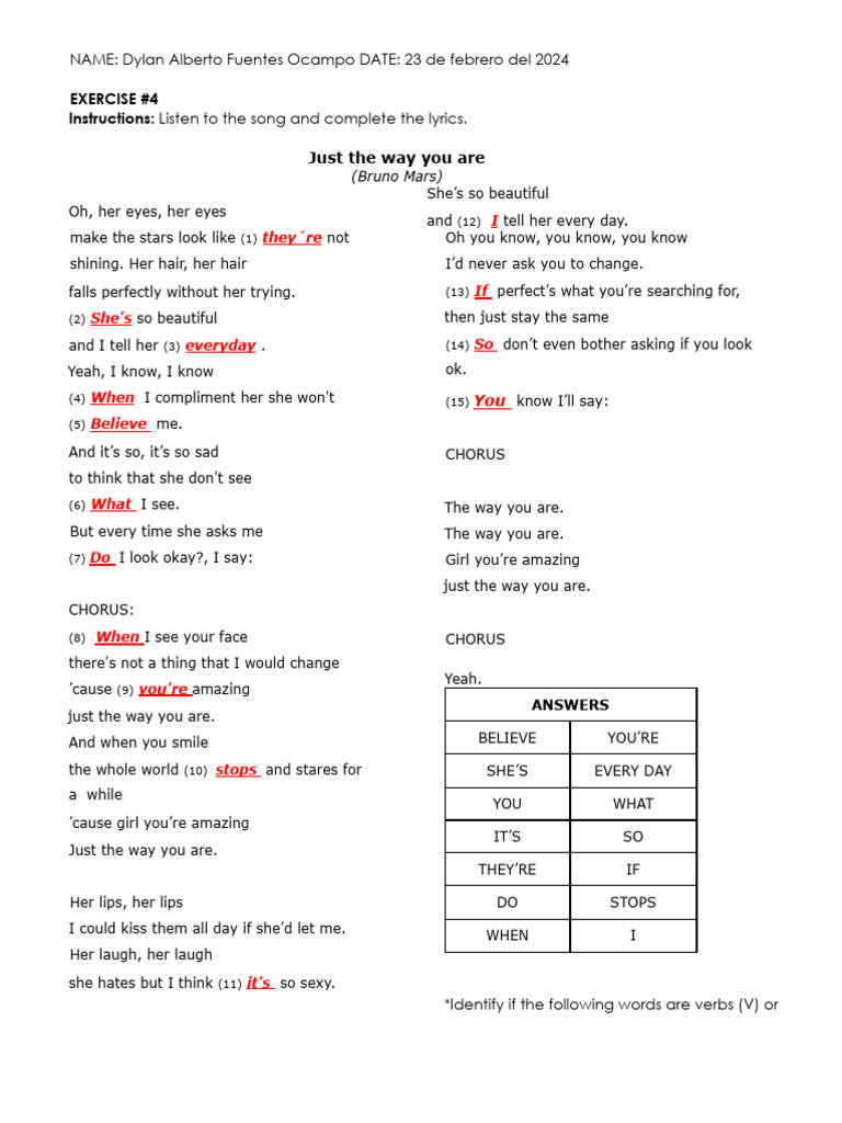 Complete Lyrics Exercise: Just the Way You Are | PDF