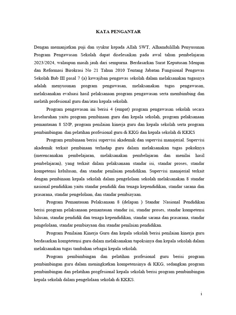 2 Kata Pengantar Dan Daftar Isi Program Pengawasan Sekolah SDH | PDF