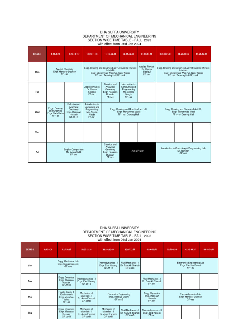 ME Dept. Timetable - Fall 2023 | PDF